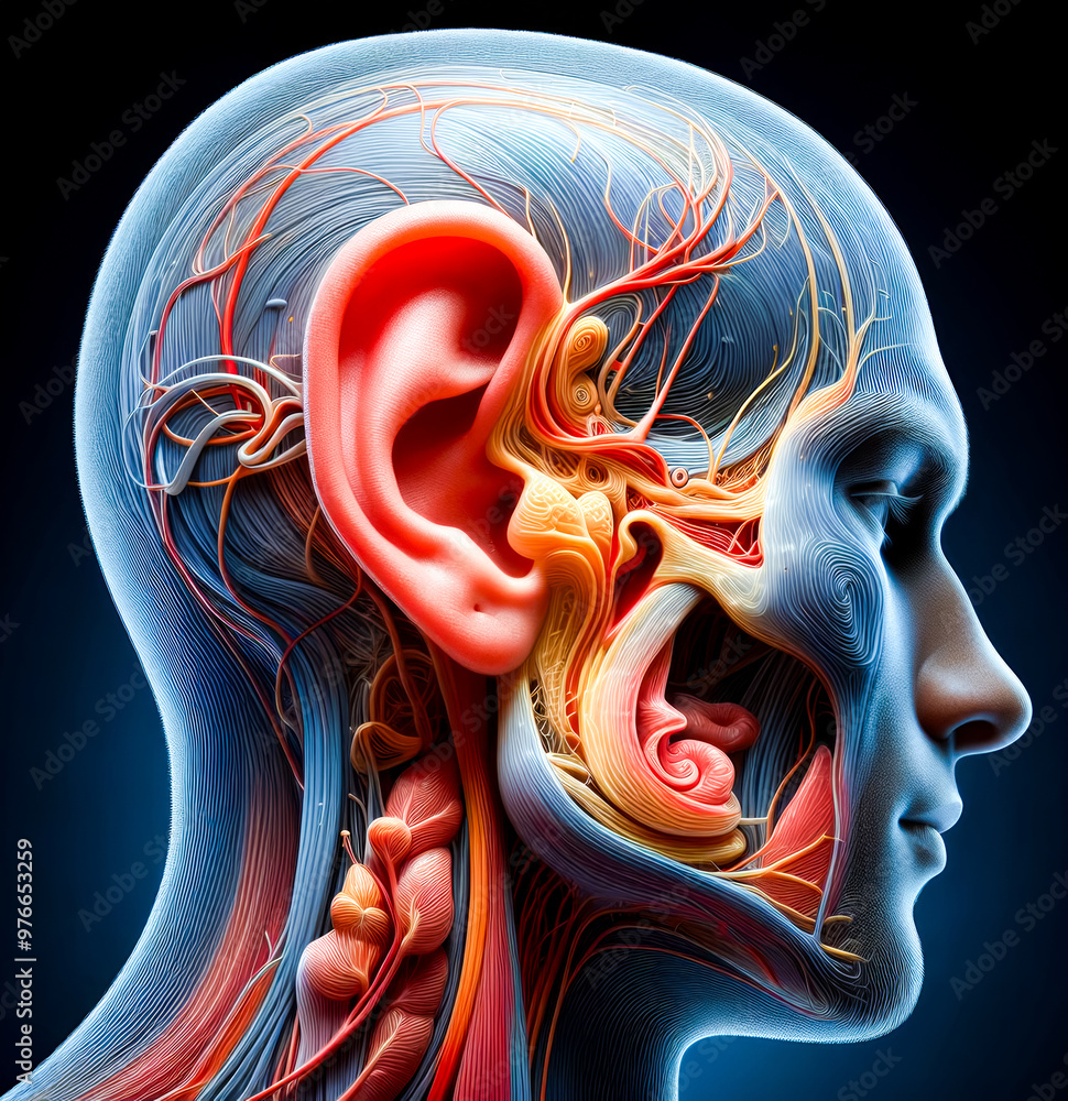 Anatomical illustration showing the structure of the ear and the ...