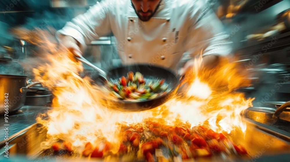 Chef tosses vegetables in a flaming wok, creating a dramatic display of ...