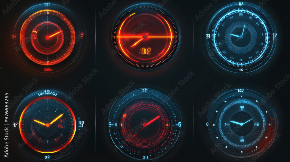 Smartwatch faces with mechanical clock-inspired bezels. Displays a ...
