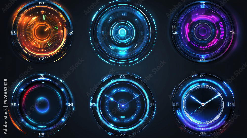 Smartwatch faces with mechanical clock-inspired bezels. Displays a ...