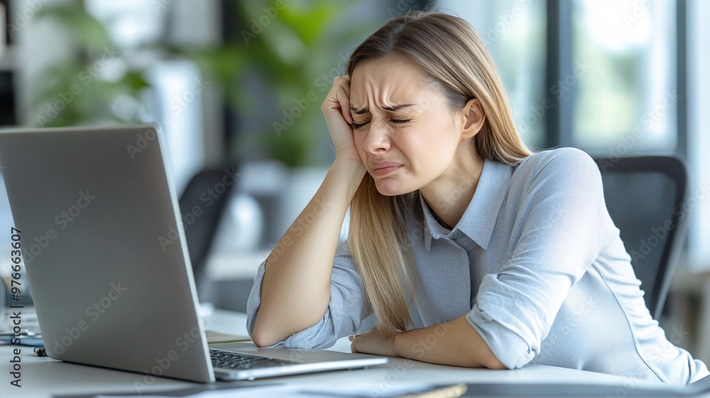 A woman sitting at her desk with one hand on her lower back, wincing in ...