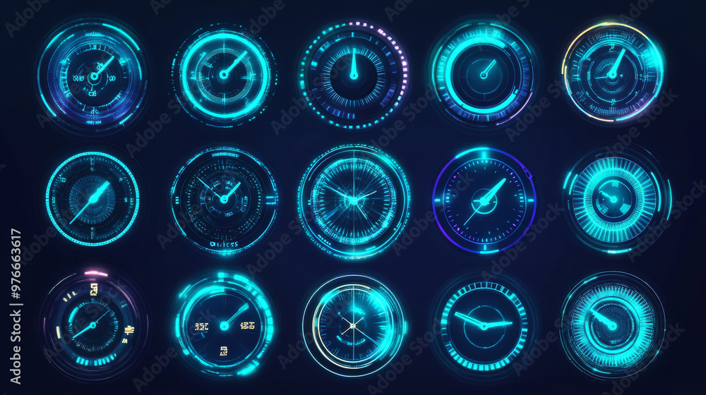 Smartwatch faces with mechanical clock-inspired bezels. Displays a ...