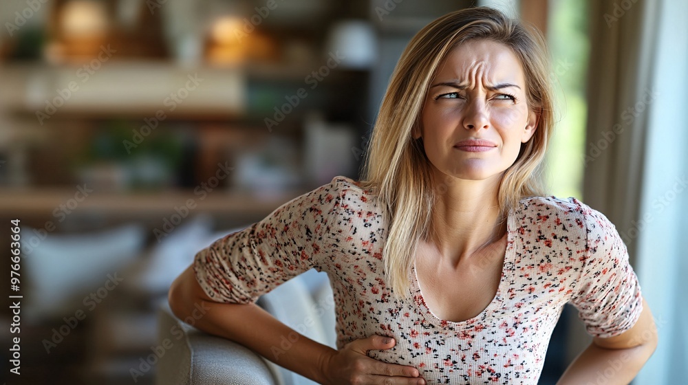A woman sitting at her desk with one hand on her lower back, wincing in ...