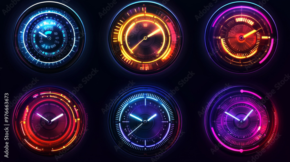 Smartwatch faces with mechanical clock-inspired bezels. Displays a ...