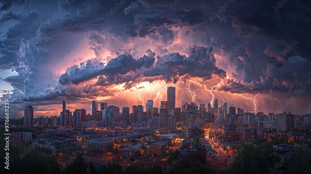 Skyline illuminated by a massive thunderstorm, lightning bolts creating ...