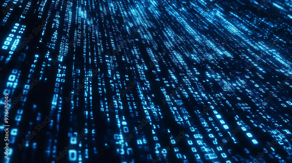 Blue background featuring binary data and software programming code. Displays random segments of ...