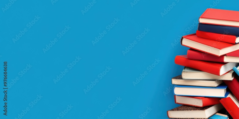 A tall stack of books leaning against a bright blue background ...