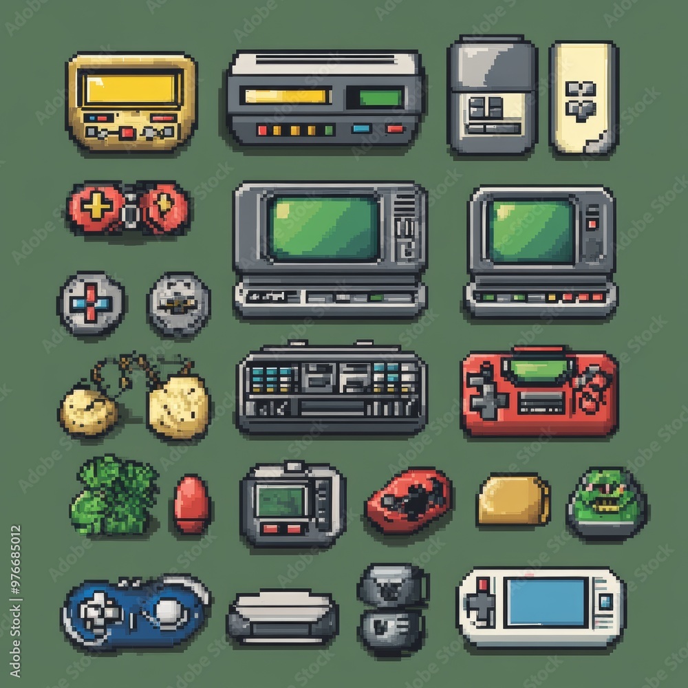 Pixel Art Retro Gaming Console Set 8 bit Style Game Controllers TV and ...