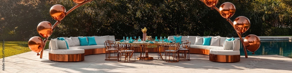 Side perspective of a copper balloon arch over a dining area with ...