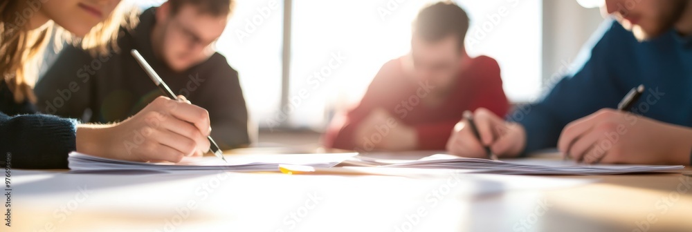 The image captures students actively participating in a group study ...