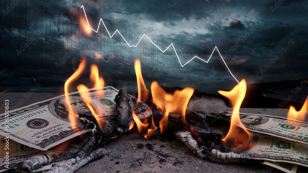 Burning dollar bills with economic decline graph. Dramatic style ...