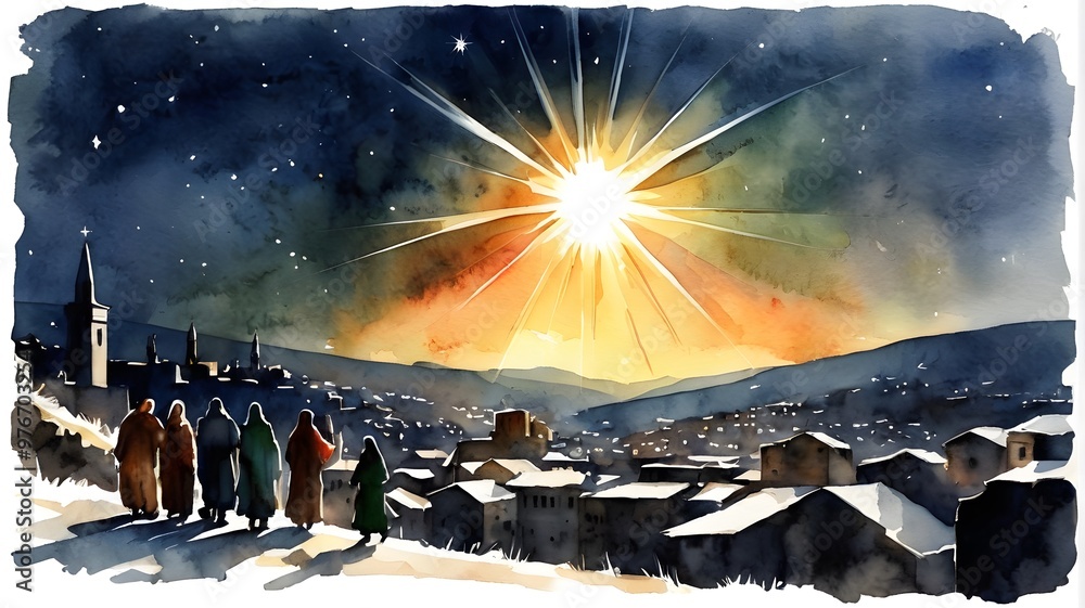 The Star of Bethlehem, A bright, radiant star shining in the night sky ...