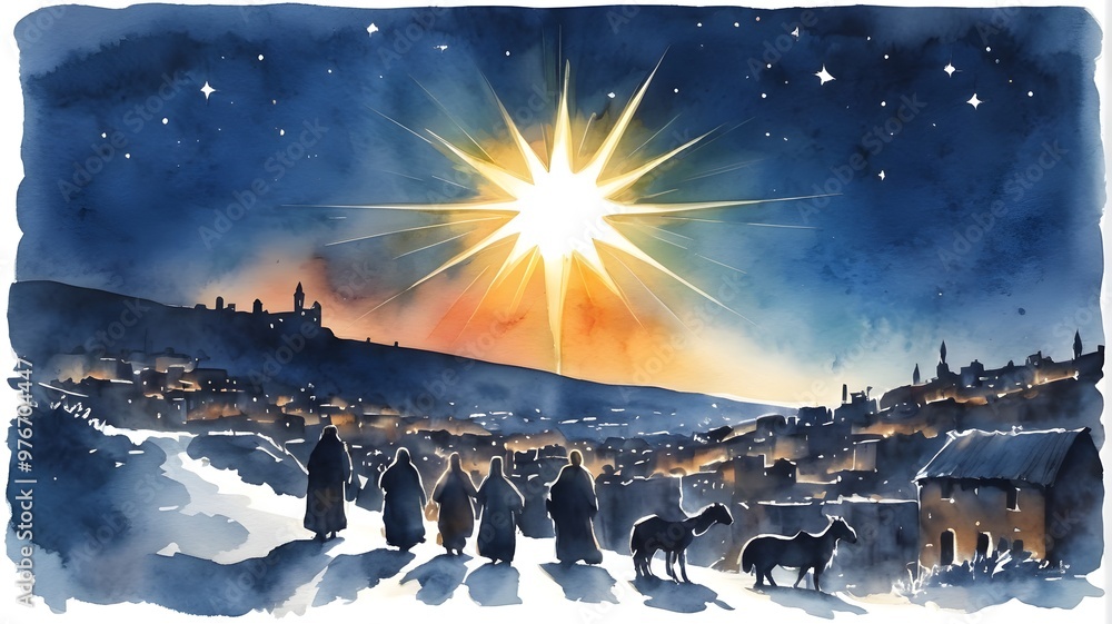 The Star of Bethlehem, A bright, radiant star shining in the night sky ...