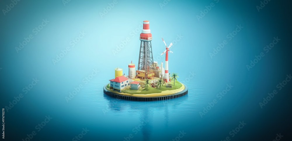 Vibrant 3D isometric rendering of an offshore drilling rig and refinery ...