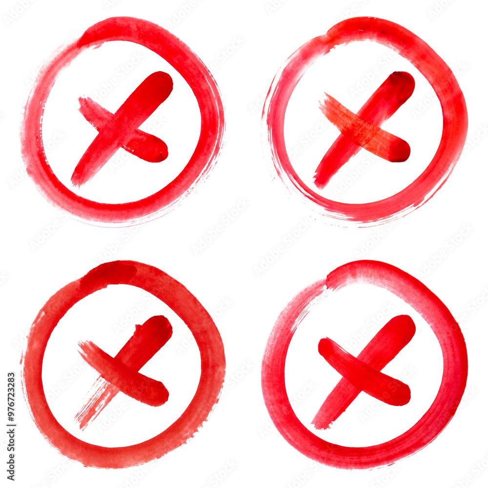 Bold hand painted red X cross mark inside a circle rough brush strokes ...