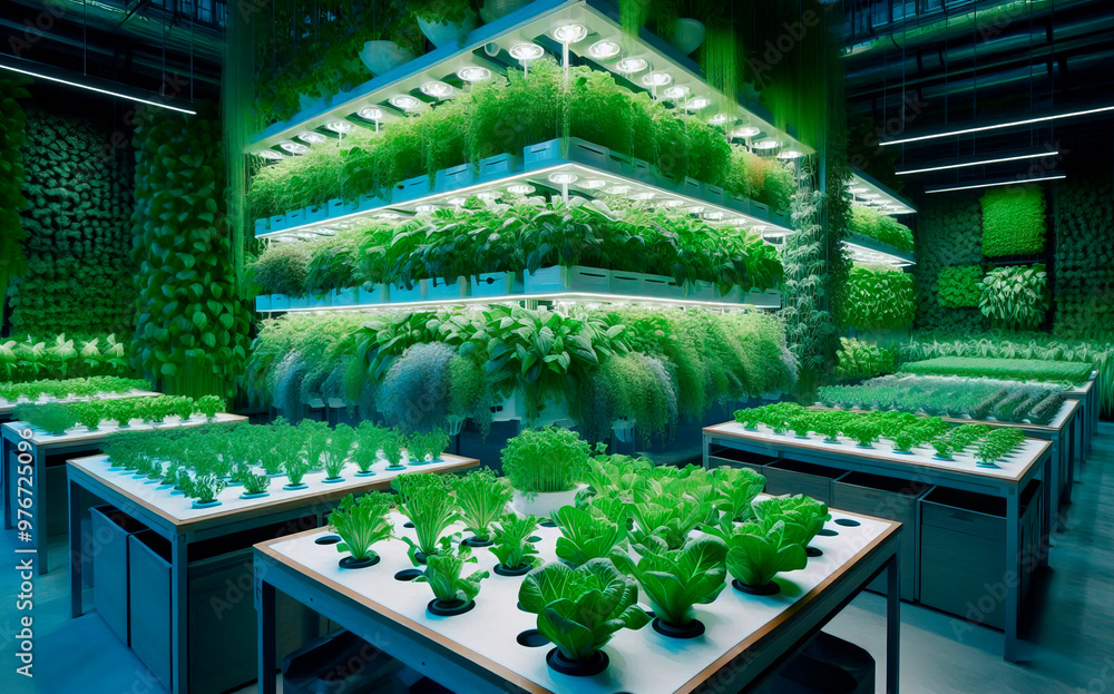Vertical farming setup showcasing lush green plants growing in a soil-less hydroponic system ...