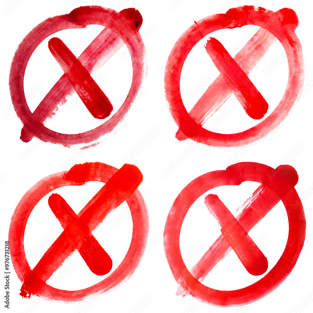 Bold hand painted red X cross mark inside a circle rough brush strokes ...