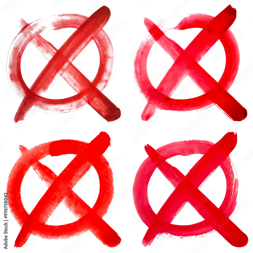 Bold hand painted red X cross mark inside a circle rough brush strokes ...