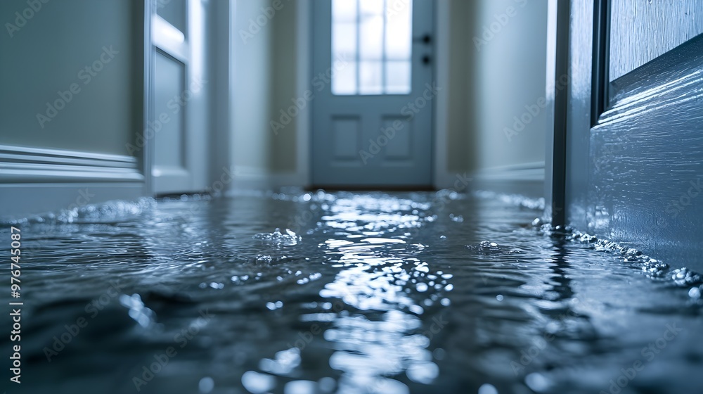 Water creeping under a front door into a welcoming hallway, emphasizing ...
