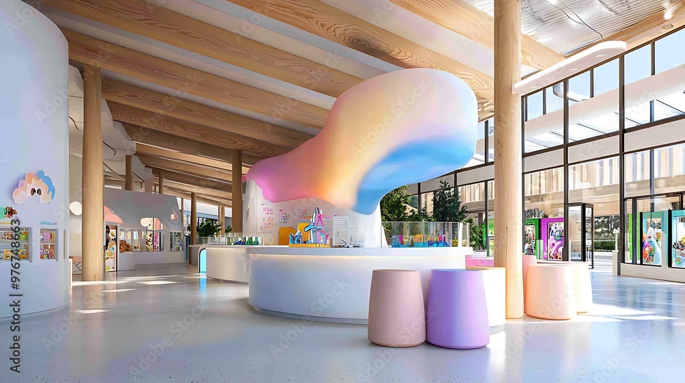 A modern adventure park with interactive digital attractions and neon ...