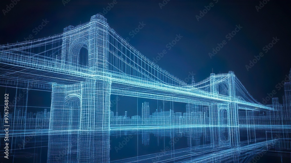 Innovative 3D wireframe blueprint of a high-tech bridge with sleek ...