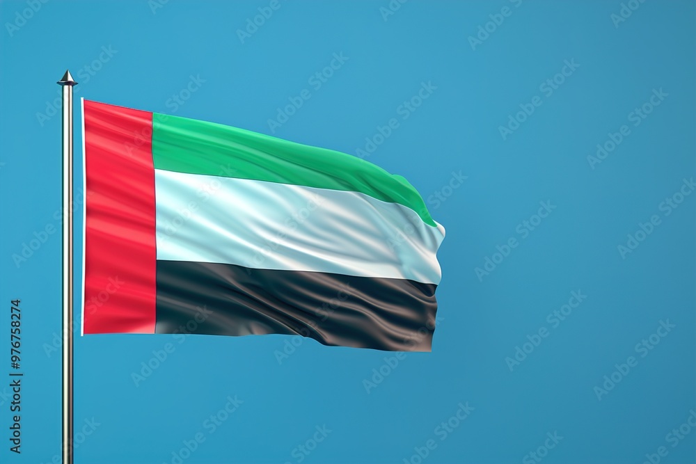 The UAE flag shown in a polished style on a solid royal blue background ...