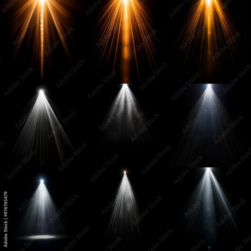 Multiple light beams, with varying intensity and color, against a black ...
