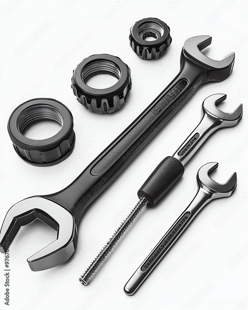 Automotive repair tools displayed on clean white backdrop, socket set ...