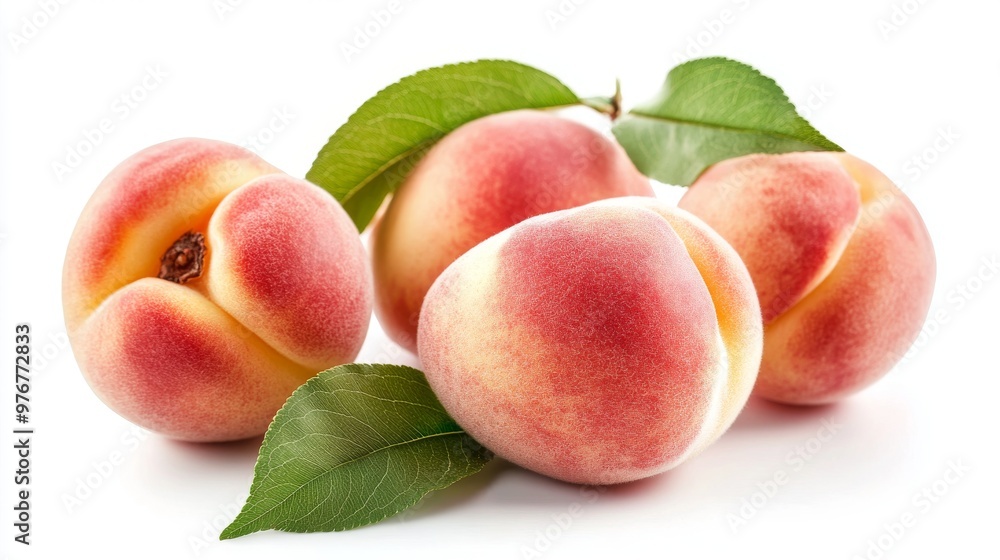 40. Group of fresh white peaches with leaves, isolated on a clean white ...