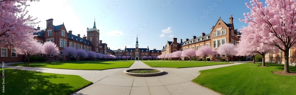 360 degree university campus in springtime, historic buildings, cherry ...