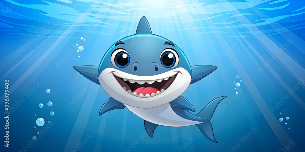Funny baby shark with a big grin and cartoon eyes, swimming in the ...