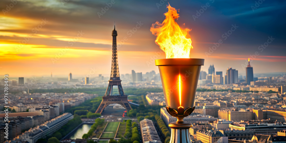 Futuristic artwork of the Olympic torch with a glowing flame in hand ...