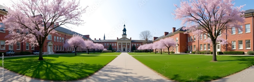 360 degree university campus in springtime, historic buildings, cherry ...