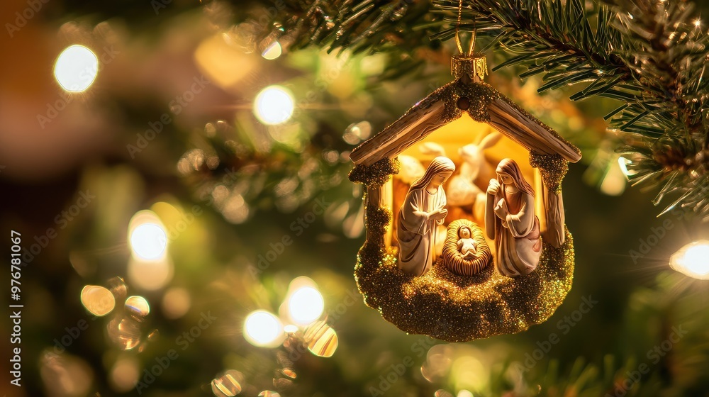 A detailed nativity ornament hanging on a Christmas tree, illuminated ...