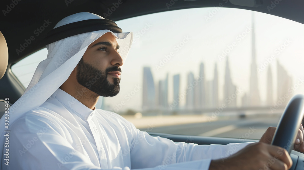 Arab man wearing traditional white attire, driving a modern car with a ...