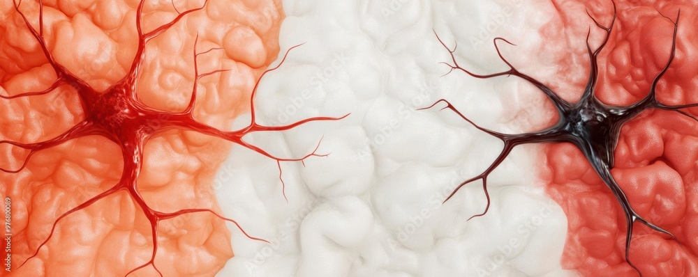 Microscopic view of neurons affected by a stroke, with damaged and ...