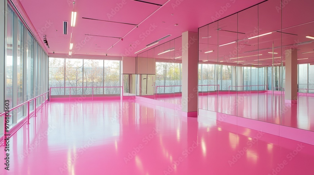 A ballet studio with a pink vinyl floor, mirrored walls, and ballet ...