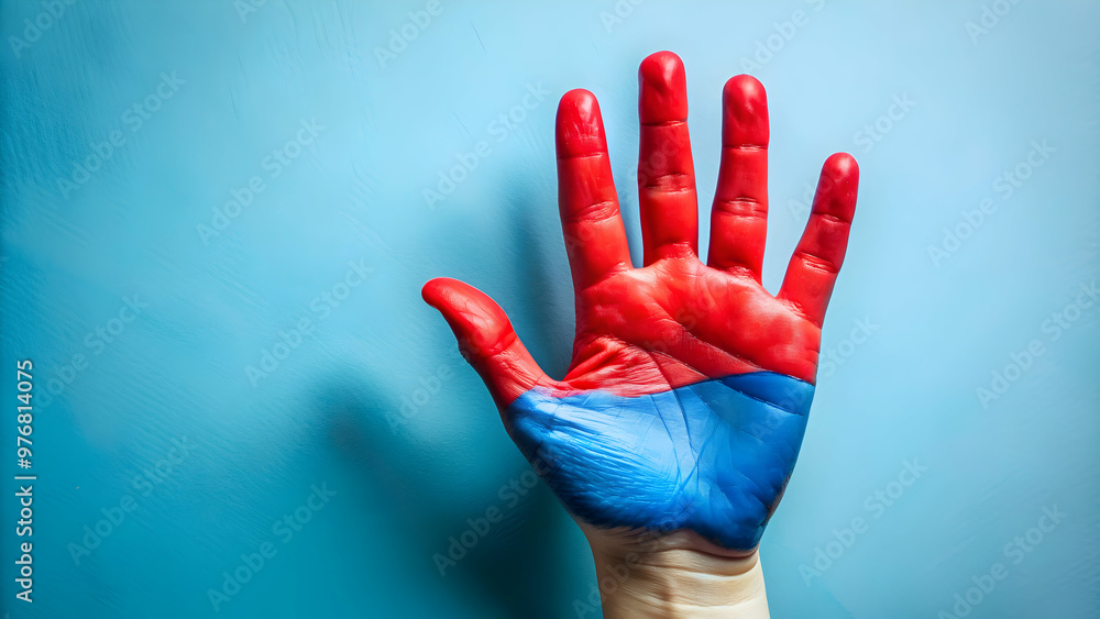 Hand with a red mark in a blue and white color scheme, hand, red mark ...