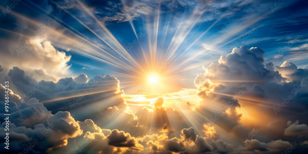 Holy sunlight bursting through dramatic clouds in the sky , sun, rays ...