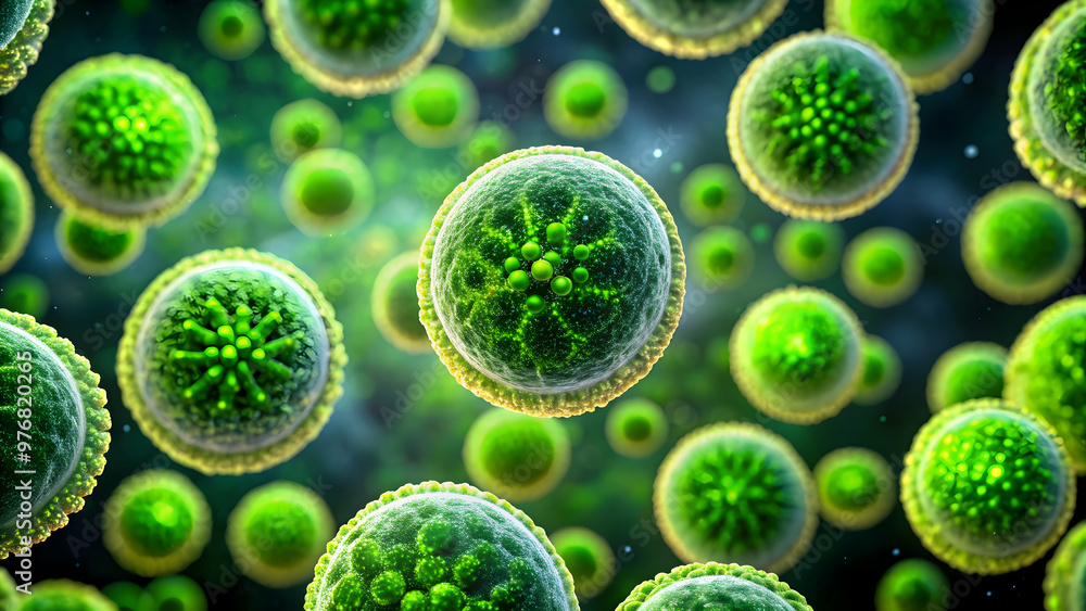 Vibrant green algae cells with detailed chlorophyll structures on dark ...
