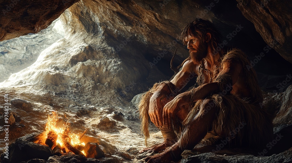 Cro-Magnon man dressed in animal skins sits by a fire in a cave ...
