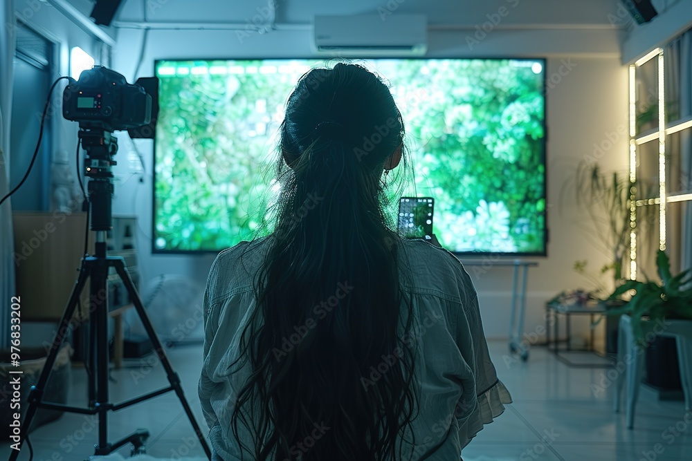 person with long hair is seated in a room, watching or recording ...