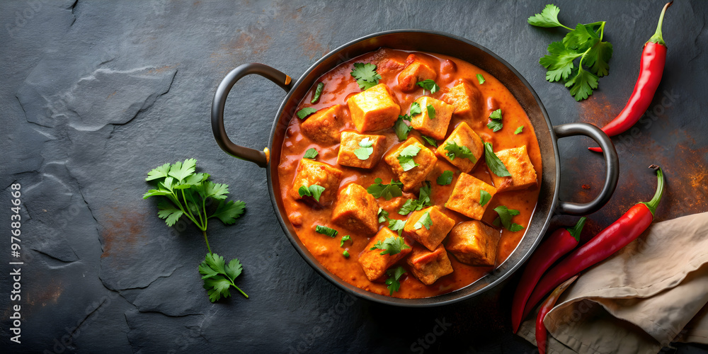 Top view of Indian paneer tikka masala in cast iron kadai pan with ...
