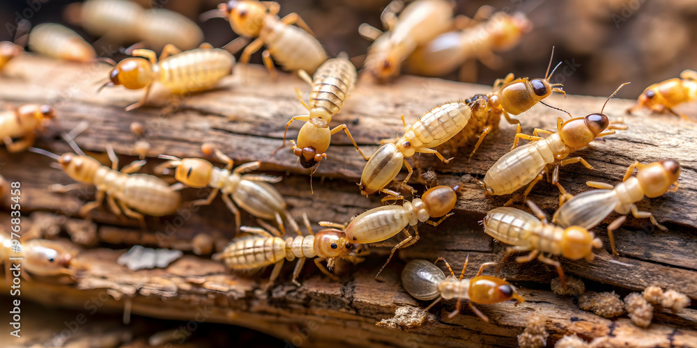 Swarm of small termites on decaying timber, with one termite foraging ...