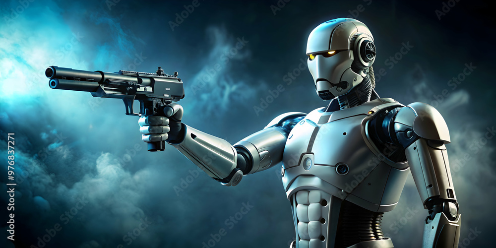 Humanoid robot holding a gun in a threatening stance towards an enemy ...
