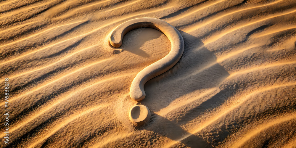 object of a question mark symbol melting in the desert sand, desert ...
