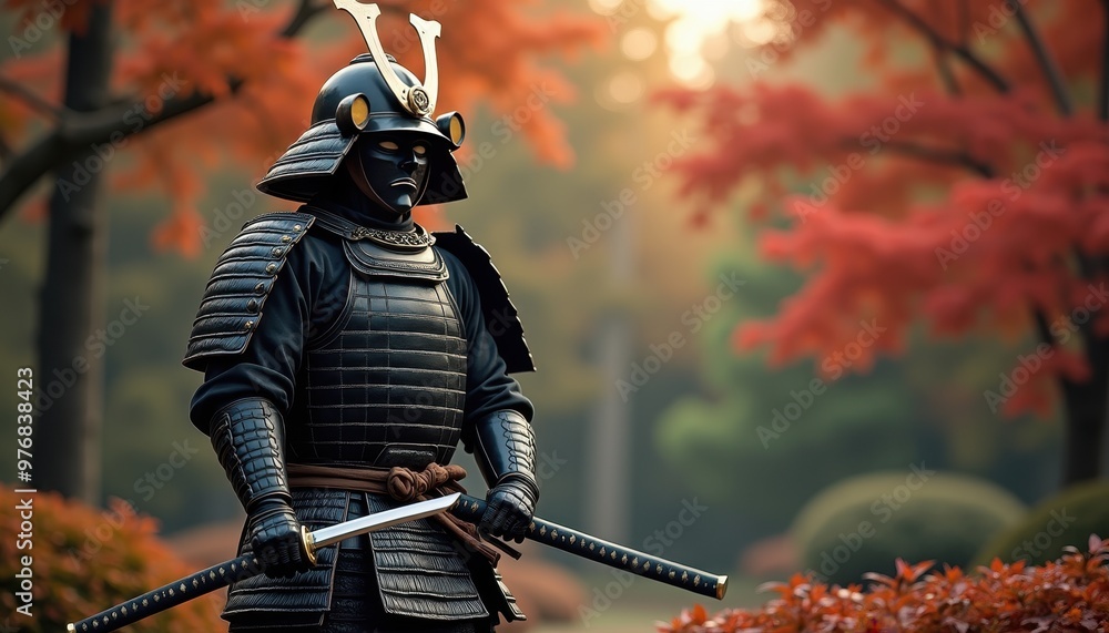 Striking Samurai Warrior in Traditional Armor and Helmet Standing ...