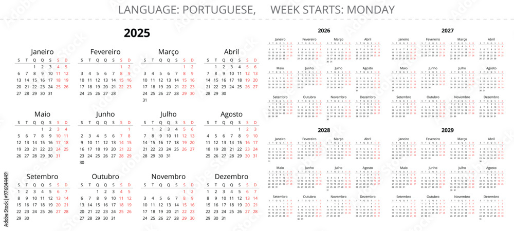 PORTUGUESE calendar 2025, 2026, 2027, 2028, 2029 years. Printable ...