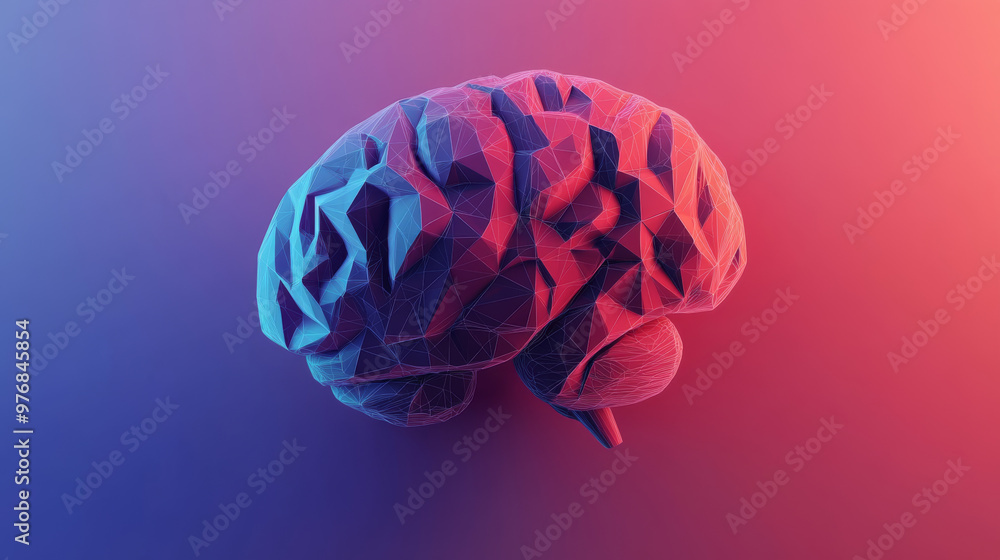 Abstract low-poly digital human brain. Represents neural networks and ...