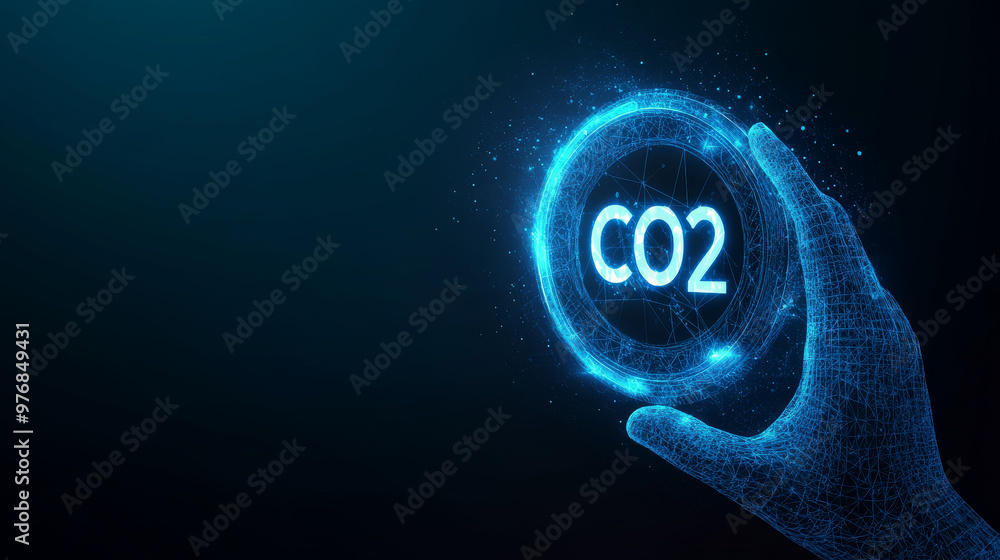ภาพประกอบสต็อก Carbon dioxide emissions control concept: reducing CO2 levels. A wireframe hand ...